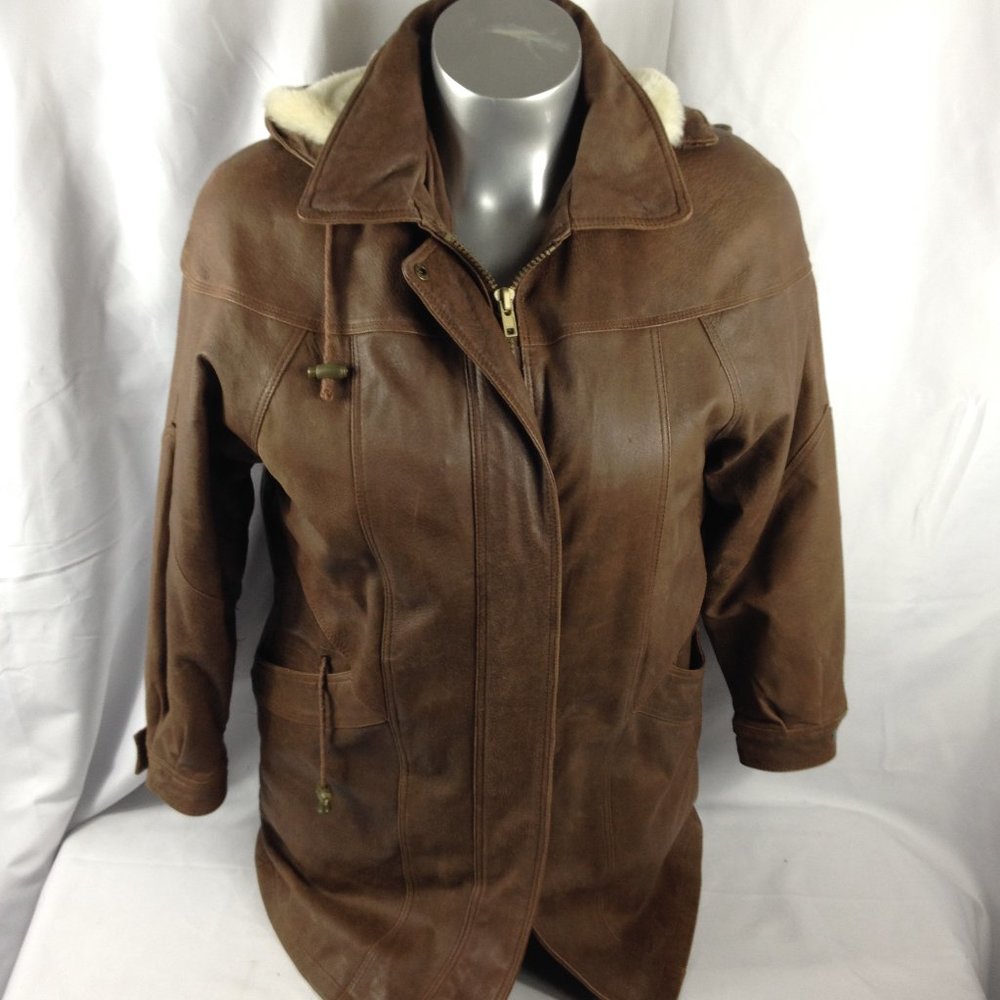 Wilda New York Genuine Leather Coat & Hood Brown Size… - Gem